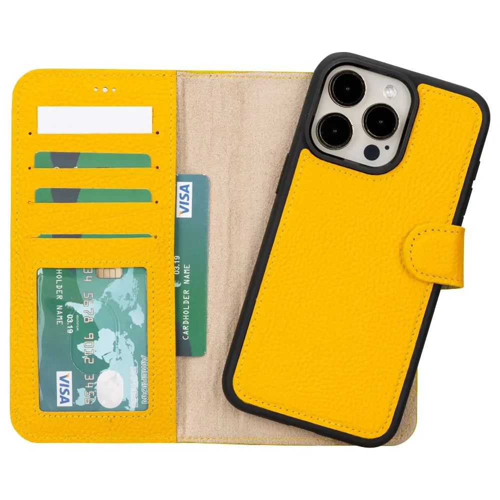 Yellow Leather iPhone 15 Pro Max Detachable Wallet Case - Bomonti